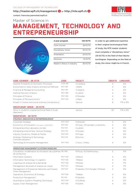 MANAGEMENT, TECHNOLOGY AND ENTREPRENEURSHIP - EPFL