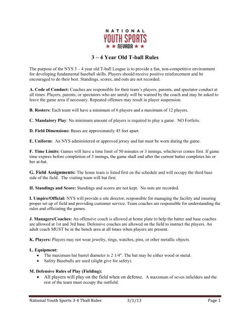 3 – 4 Year Old T-ball Rules - NYS Nevada