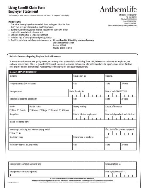 Living Benefit Claim Form Employer Statement - EmpireBlue