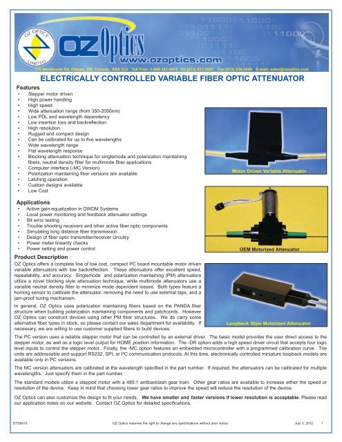 Electrically Controlled Variable Fiber Optic Attenuator - OZ Optics