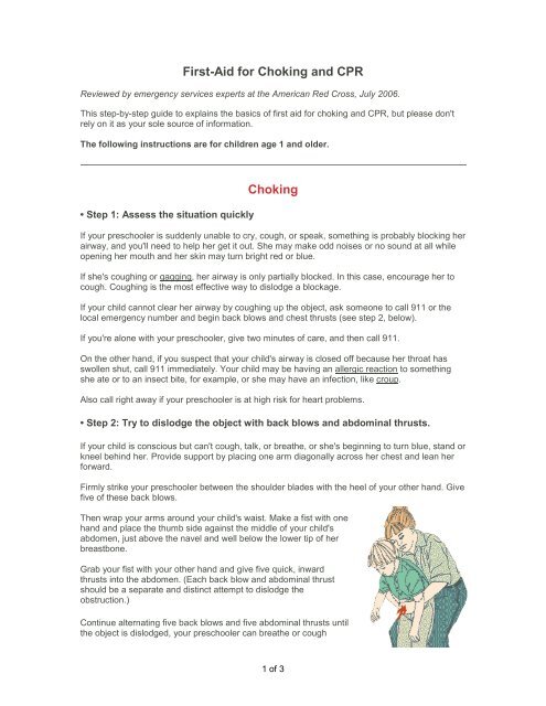 First-Aid for Choking and CPR Choking - Kids' Cooperative Cambridge
