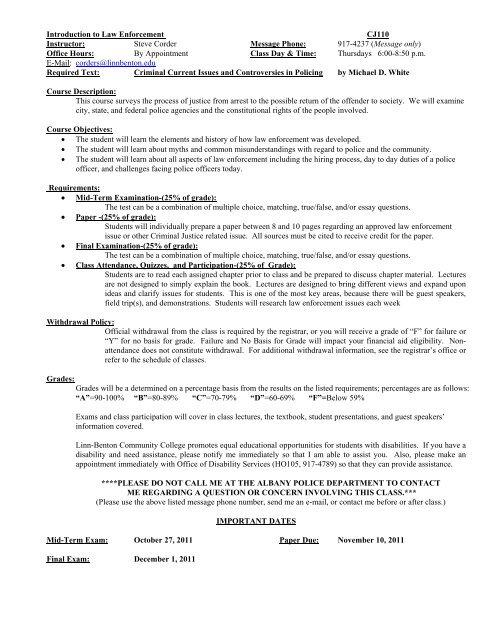 Introduction to Law Enforcement CJ110 Instructor: Steve Corder ...