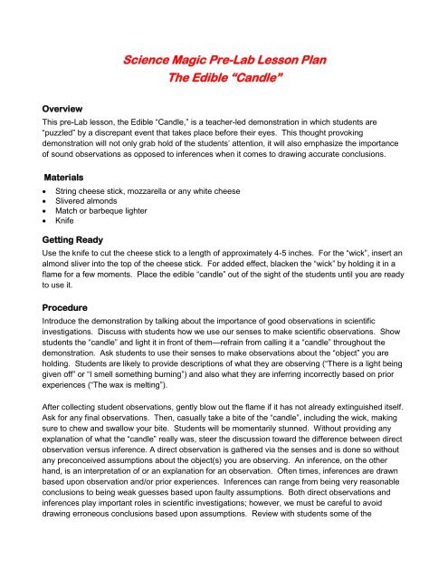 Science Magic Pre-Lab Lesson Plan The Edible “Candle”