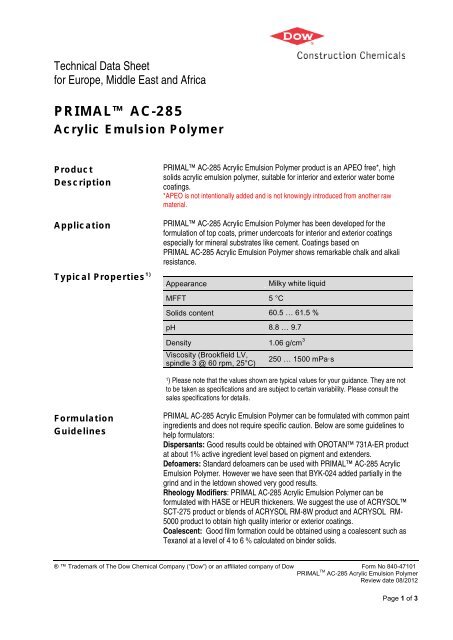 PRIMAL™ AC-285 - Dow Construction Chemicals