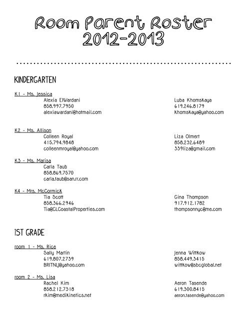 LJES Room Parent Roster 2012-2013