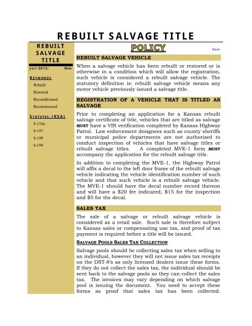 REBUILT SALVAGE TITLE - Kansas Department of Revenue