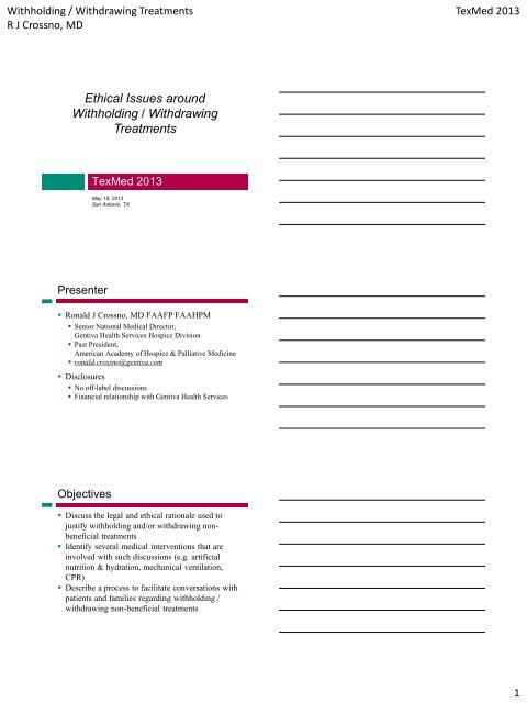 Ethical Issues around Withholding / Withdrawing Treatments