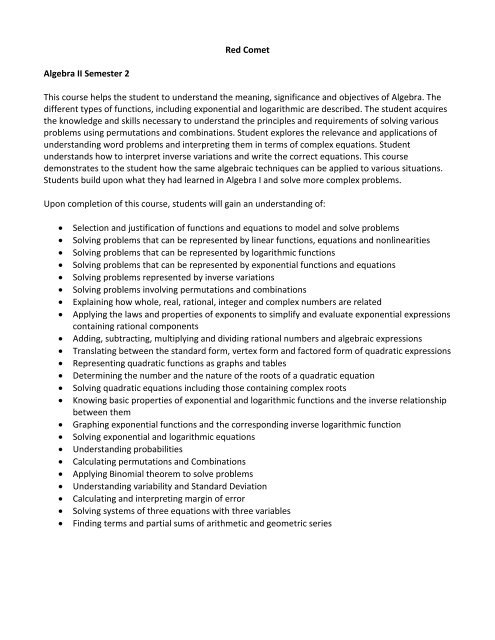 Red Comet Algebra II Semester 2 This course helps the student to ...