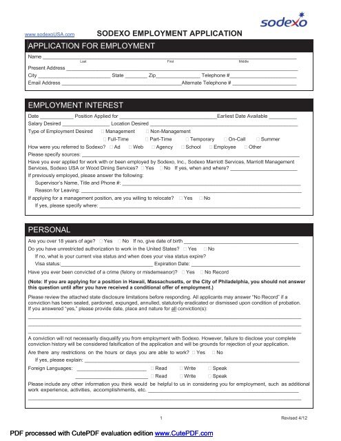 SODEXO EMPLOYMENT APPLICATION APPLICATION FOR ...