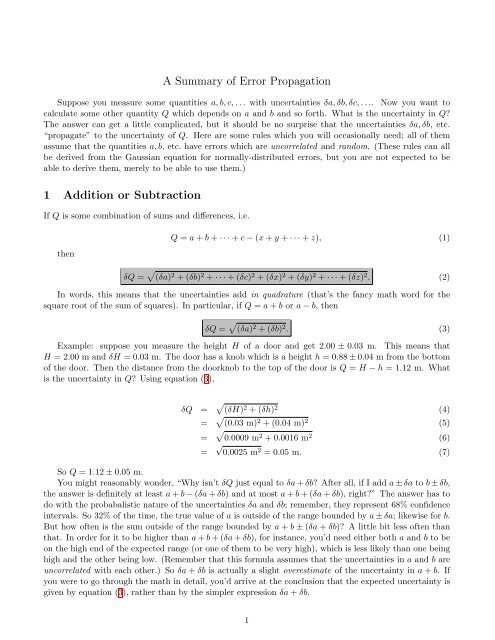 A Summary of Error Propagation 1 Addition or Subtraction - Harvard ...