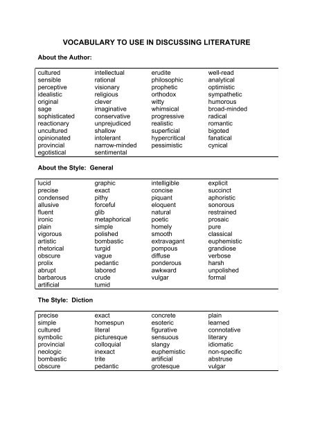 VOCABULARY TO USE IN DISCUSSING LITERATURE