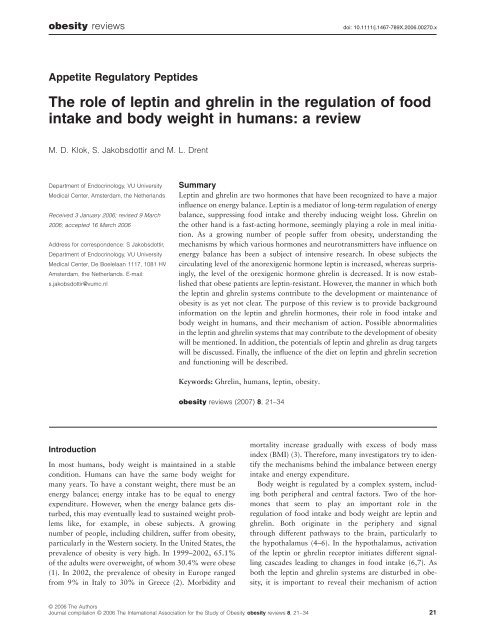 The role of leptin and ghrelin in the regulation of food intake and ...