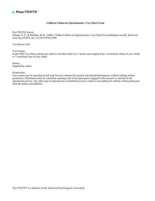 Children's Behavior Questionnaire--Very Short Form PsycTESTS ...
