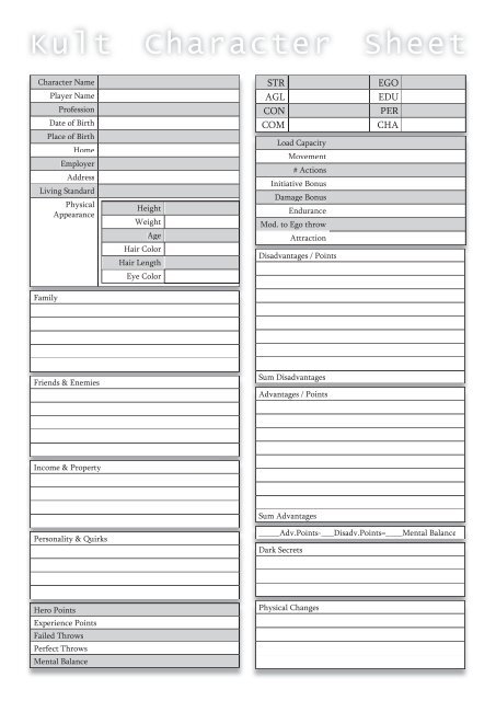Kult Character Sheet - Kult-RPG.com