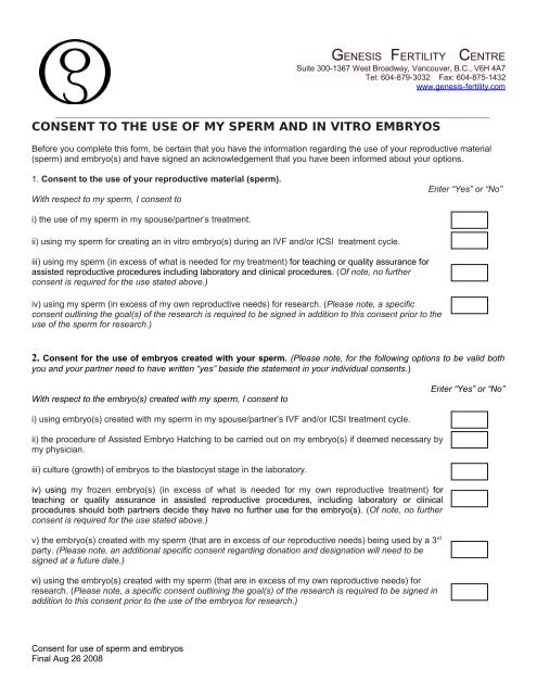 Consent to use my sperm and IVF embryos - Genesis Fertility Centre