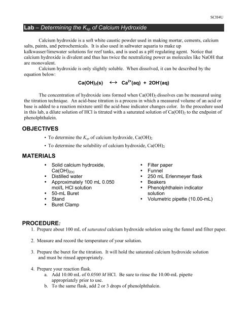 Lab – Determining the Ksp of Calcium Hydroxide OBJECTIVES ...
