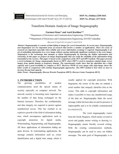 Transform Domain Analysis of Image Steganography - IJSETT ...