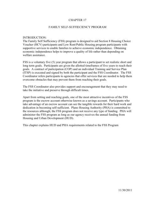 Family Self Sufficiency Program - Plano Housing Authority