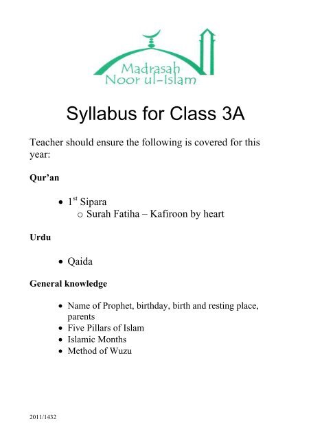 Syllabus for Class 3A - Noor ul Islam Bolton