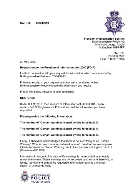 Osman Threats to Life Warnings - Nottinghamshire Police