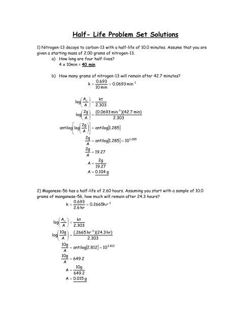Half- Life Problem Set Solutions