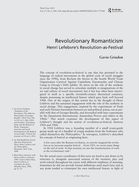 Revolutionary Romanticism: Henri Lefebvre's ... - Gavin Grindon
