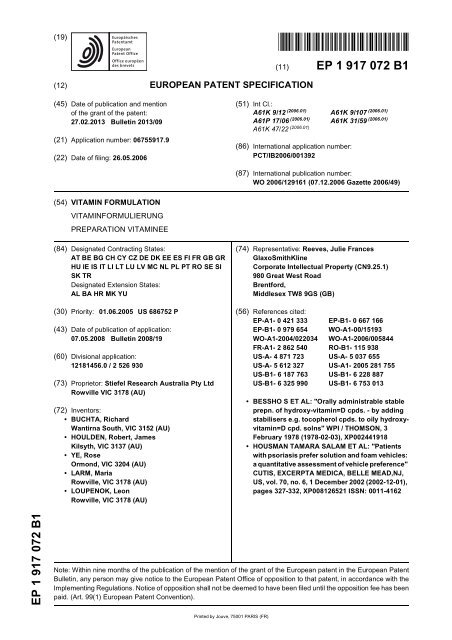 EP 1917072 B1 - Patent data - European Patent Office