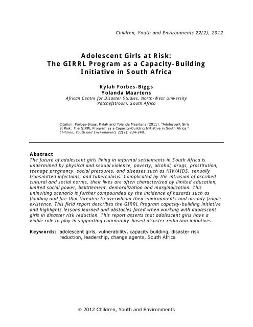 Adolescent Girls at Risk - African Centre for Disaster Studies - NWU