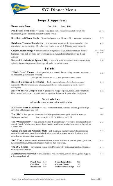 SYC Dinner Menu - Sheboygan Yacht Club