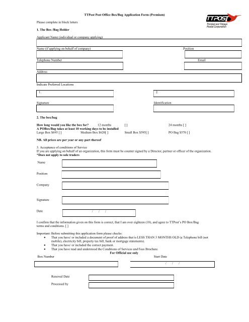 TTPost Post Office Box/Bag Application Form