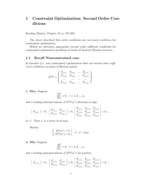 1 Constraint Optimization Second Order Con Ditions