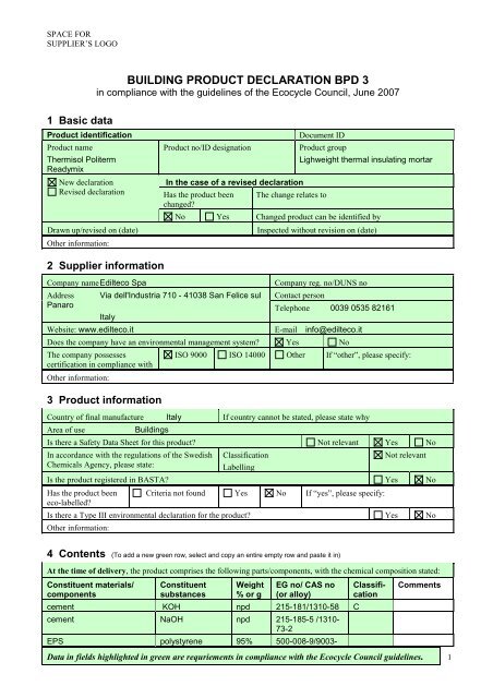BUILDING PRODUCT DECLARATION BPD 3 - ThermiSol