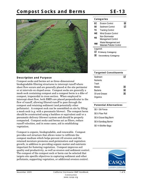 Compost socks & berms fact sheet - Summit Erosion Control