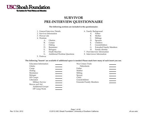 Pre-Interview Questionnaire - USC Shoah Foundation - University of ...