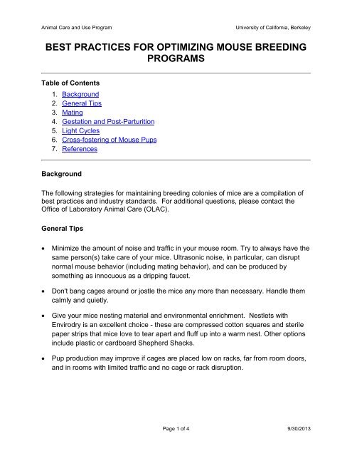 BEST PRACTICES FOR OPTIMIZING MOUSE BREEDING ...