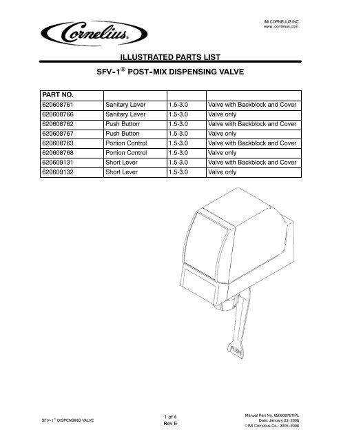 illustrated parts list sfv--1r post--mix dispensing valve - Coldmix