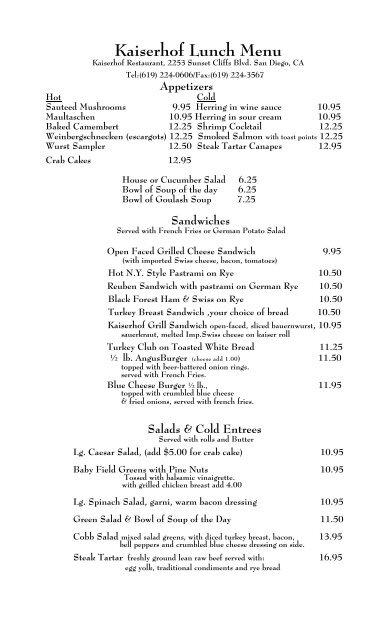 full Lunch Menu - the Kaiserhof