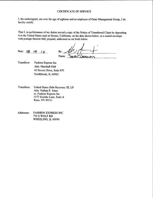 CERTIFICATE OF SERVICE I, the undersigned, am over the age of ...