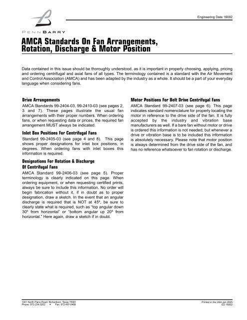 AMCA Standards On Fan Arrangements, Rotation ... - PennBarry