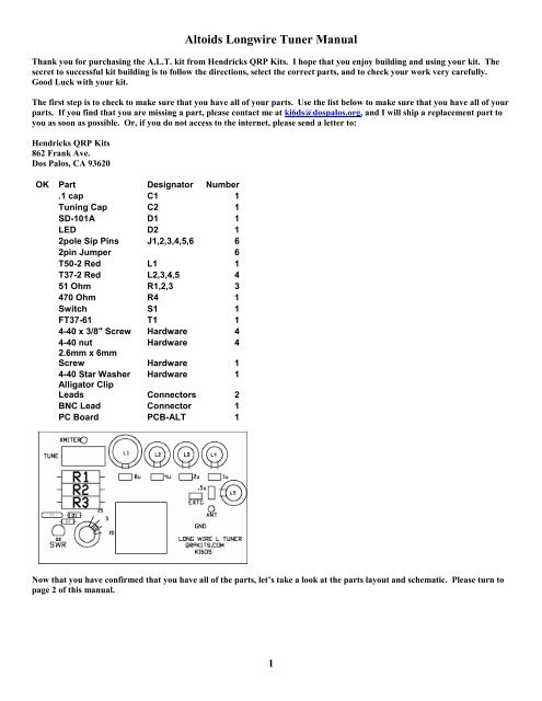 Altoids Longwire Tuner Manual - Hendricks QRP Kits