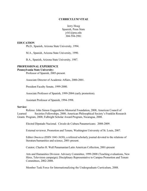 CURRICULUM VITAE Jerry Hoeg Spanish, Penn State jvh1@psu.edu