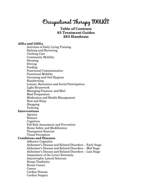 Occupational Therapy Toolkit : Treatment Guides and Patient Education ... Occupational Therapy Toolkit : Treatment Guides and Patient Education ...