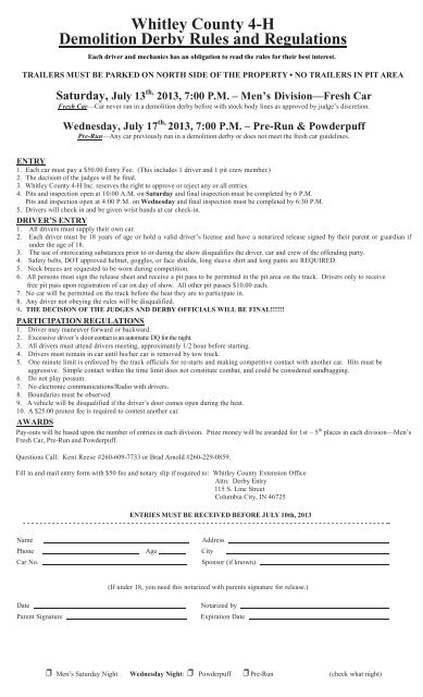 Whitley County 4-H Demolition Derby Rules and Regulations