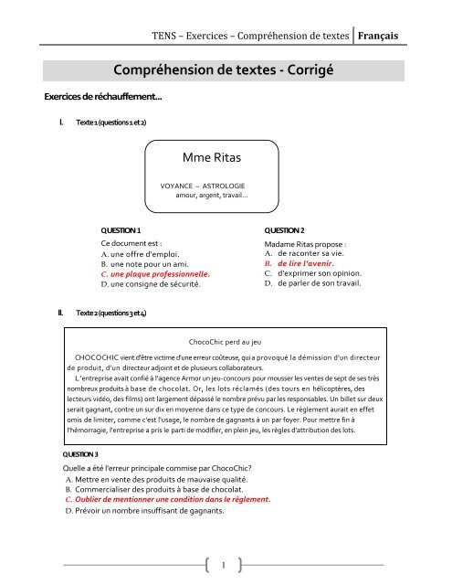 Compréhension de textes - Corrigé