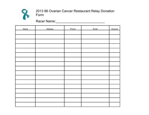 2013 86 Ovarian Cancer Restaurant Relay Donation Form Racer ...