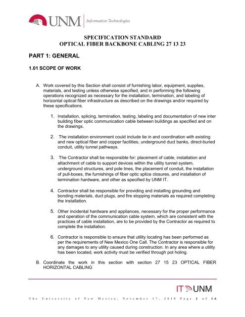 Optical Fiber Backbone Cabling - University of New Mexico
