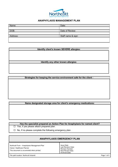 ANAPHYLAXIS MANAGEMENT PLAN ANAPHYLAXIS ... - Northcott