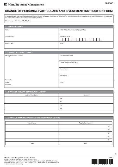 Change of Personal Particulars and Investment Instruction Form