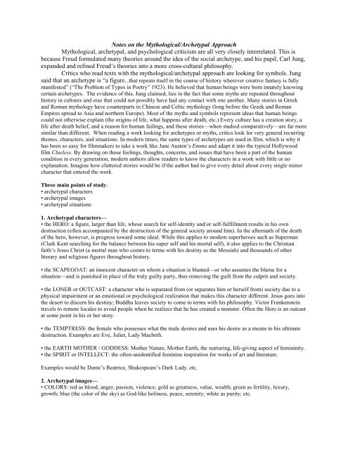 Notes on the Mythological/Archetypal Approach Mythological ...