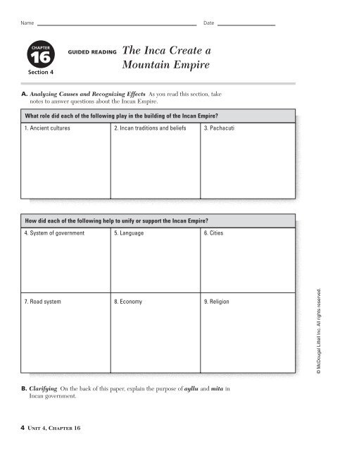 GUIDED READING The Inca Create a Mountain Empire